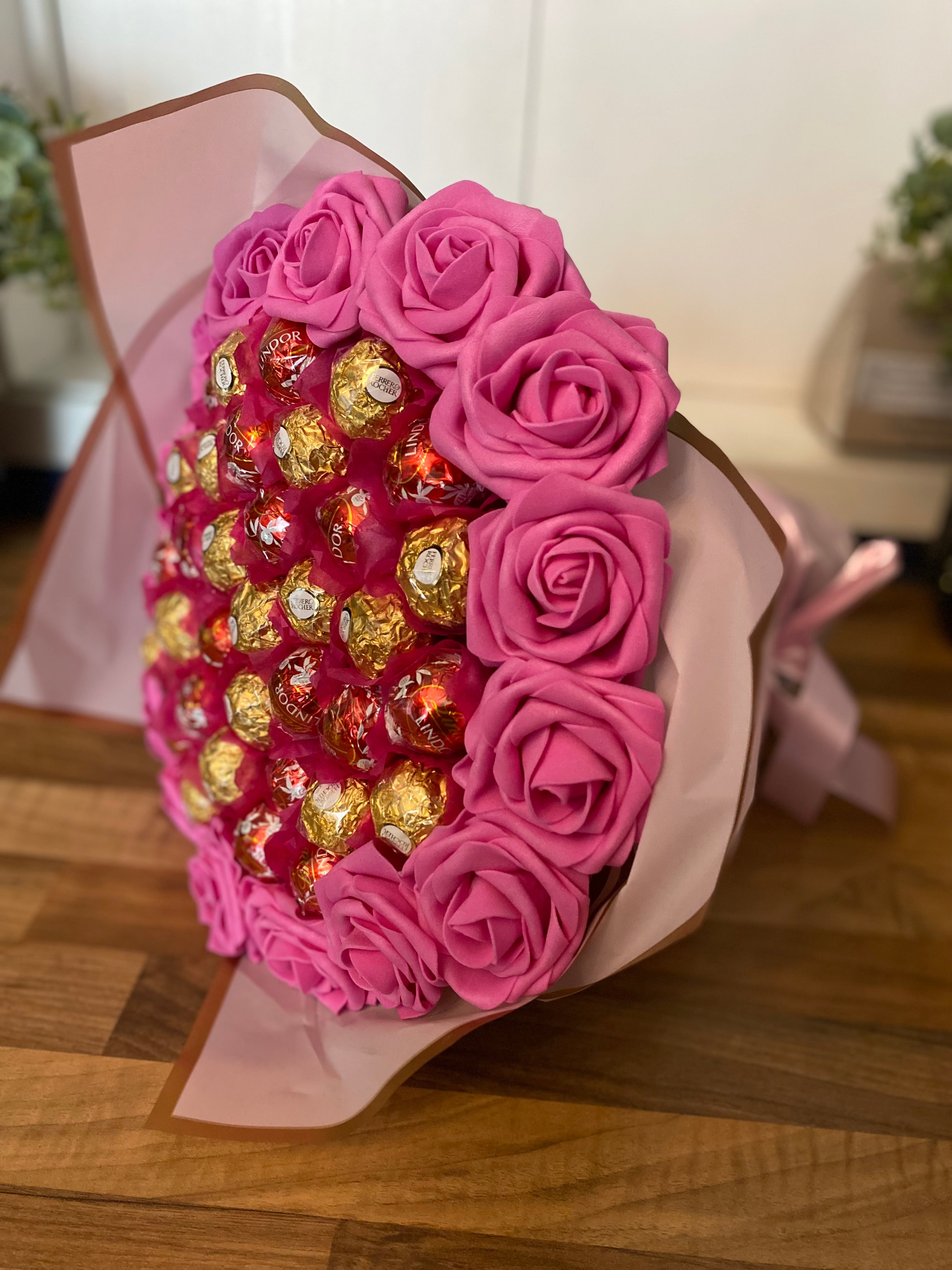 Hot Pink Ferrero Rocher & Lindt Lindor With Roses Hand-Tied Bouquet ...