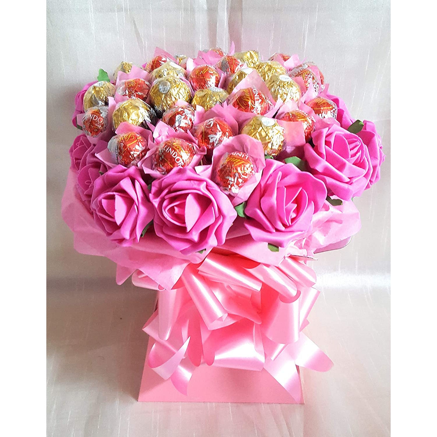 Chocolate Bouquet Pink Ferrero Rocher & Lindt Lindor Chocolates - Swee ...